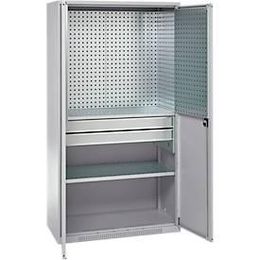 Schäfer Shop Schäfer Shop Genius Materialschrank FS, 5 OH, abschließbar, Lochrasterwände/2 Schübe/2 Fachböden, bis 450 kg, B 1055 x T 520 x H 1950 mm, weißalu/weißalu