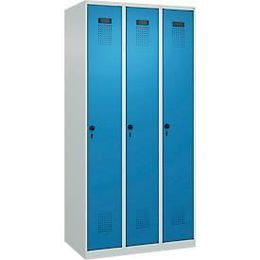 Kleiderspind C+P Evolo Plus, 3 Abteile, Anschlag rechts, Sicherheits-Drehriegel, B 900 x T 500 x H 1850 mm, lichtgrau/lichtblau