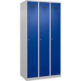 Kleiderspind C+P Evolo Plus, 3 Abteile, Anschlag rechts, Zylinderschloss, B 900 x T 500 x H 1850 mm, weißaluminium/enzianblau