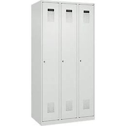 Kleiderspind C+P Evolo Plus, 3 Abteile, Anschlag rechts, Zylinderschloss, B 900 x T 500 x H 1850 mm, lichtgrau/lichtgrau