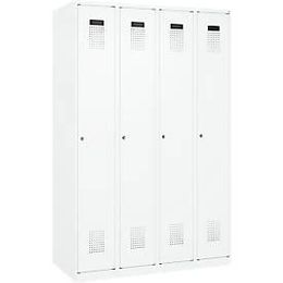 Kleiderspind C+P Evolo Plus, 4 Abteile, Anschlag rechts, Zylinderschloss, Soft-Anschlag, B 1200 x T 500 x H 1850 mm, verkehrsweiß/verkehrsweiß