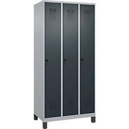 Kleiderspind C+P Evolo Plus, 3 Abteile, 300 mm Abteilbreite, mit Füßen, Drehriegel, B 900 x T 500 x H 1950 mm, weißaluminium/anthrazitgrau