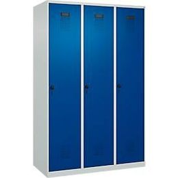 Kleiderspind C+P Evolo Plus, 3 Abteile, 400 mm breit, Drehriegel, Soft-Anschlag, B 1.200 x T 500 x H 1.850 m, lichtgrau/enzianblau