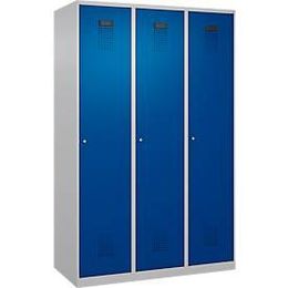 Kleiderspind C+P Evolo Plus, 3 Abteile, 400 mm breit, Zylinderschloss, Soft-Anschlag, B 1.200 x T 500 x H 1.850 m, weißaluminium/enzianblau