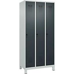 Kleiderspind C+P Evolo Plus, 3 Abteile, 300 mm Abteilbreite, mit Füßen, Drehriegel, B 900 x T 500 x H 1950 mm, lichtgrau/anthrazitgrau