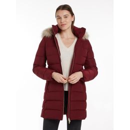 Steppmantel Tommy Hilfiger "HERITAGE DOWN TYRA COAT WITH FUR" Gr. XS (34), rot (deep rouge), Damen, Web, Obermaterial: 100% Polyester. Futter: 100% Polyester. Wattierung: 70% Daunen, 30% Federn, unifarben, Mäntel, mit Fellimitat