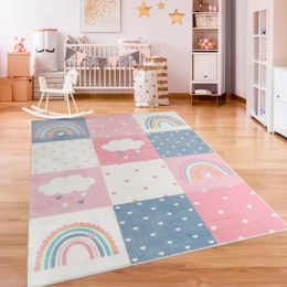 Kinderteppich Paco Home "Eliz 396", pink, B:160cm H:12mm L:220cm, Polyester, Teppiche, Spielteppich, Patchwork-Muster, Motiv Regenbogen, Wolke, Herz