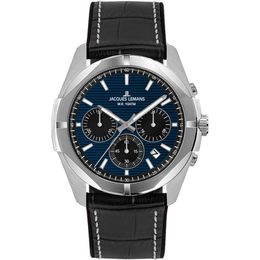 Chronograph Jacques Lemans "Monte Carlo", schwarz (schwarz, dunkelblau), Armbanduhren, Herren, Quarzuhr, Armbanduhr, Herrenuhr, Datum, Lederarmband