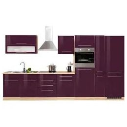 Küchenzeile KOCHSTATION "KS-Eton", lila (küche: aubergine hochglanz, eichefarben, korpus: eichefarben, arbeitsplatte: eichefarben), B:360cm T:60cm, Komplettküchen-Sets, mit E-Geräten, Breite 360 cm