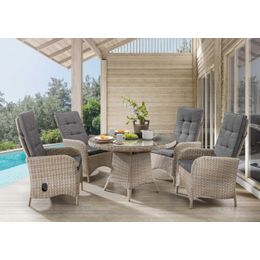 Garten-Essgruppe Destiny "PALMA LUNA", beige (natur meliert), Polyester, stufenlos verstellbare Rückenlehne, Aluminium, Polyrattan, Polyester, Sitzmöbel-Sets, (Set, 9-tlg., 4 Hochlehner, 1 Tisch Ø 100x75cm) Aluminium, Polyrattan