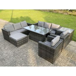 Fimous 9 Sitzer Outdoor Rattan Gartenmöbel Set Einstellbarer Aufsteigender Hubtisch mit Beistelltisch Stühle Hocker Dunkelgrau Gemischt