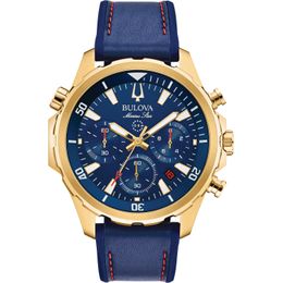 Chronograph Bulova "Marine Star, 97B168", blau, Armbanduhren, Herren, Armbanduhr, Quarzuhr, Herrenuhr, Lederarmband, Datum