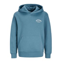 Jack & Jones Kapuzensweatshirt JACK & JONES JUNIOR "JJEBRANDES BACKP RELAXED SWEAT H SN JNR" Gr. 128, oceanview, Jungen, angeraute Sweatware, Obermaterial: 60% Baumwolle, 40% Polyester, bedruckt, Sweatshirts