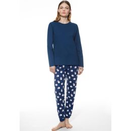 Schlafanzug Mey "SCRIBBLED DOTS", Damen, Gr. 48, blau (deep marine), Single Jersey, Obermaterial: 100% Baumwolle, casual, bequem 7/8-Länge, Rundhals, Langarm, Homewear-Sets, Gepunktete Hose mit Bündchen