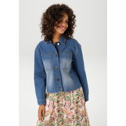 Jeansjacke Aniston CASUAL Gr. 46, blau usde, Damen, Denim/Jeans, Obermaterial: 98% Baumwolle, 2% Elasthan, unifarben, Abriebeffekte, Jacken, in trendiger Used-Waschung - NEUE KOLLEKTION