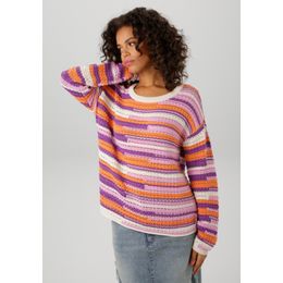 Strickpullover Aniston CASUAL, Damen, Gr. 34, wollweiß, rosa, lila, orange, Strick, Obermaterial: 50% Baumwolle, 50% Polyacryl, gestreift, geringelt, Ajourstrickmuster, modisch, lässig geschnitten hüftlang, Rundhals, Pullover, im extravagantem Streifen-Dessin - NEUE KOLLEKTION