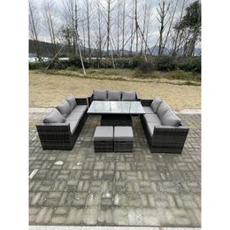 U Form Outdoor Rattan Gartenmöbel Sofa Set Lounge Einstellbare Steigende Hubtische Fußhocker Dunkelgrau Gemischt - Fimous