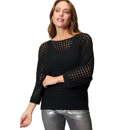 Strickpullover Zero "Zero Pullover mit Lochmuster", Damen, Gr. 34, schwarz (schwarz beauty), Strick, Obermaterial: 50% Baumwolle, 50% Polyacryl. Ärmelfutter: ohne Futter., unifarben, casual, figurumspielend normal, U-Boot-Ausschnitt, Langarm weit Bündchen, Pullover, Lochmuster