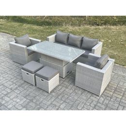 Fimous - Polyrattan Essgruppe Gartenmöbel Set Höhe verstellbar Esstisch Set mit Sofa 2 Sessel 2 kleiner Fußhocker Helles Grau