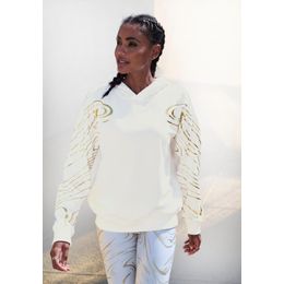active by Lascana Hoodie LASCANA ACTIVE, Damen, Gr. L (44/46), gold (weiß, gold), Sweatware, Obermaterial: 60% Baumwolle, 40% Polyester, bedruckt, gemustert, glänzend, bequem hüftlang, Rippbündchen, Sweatshirts
