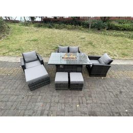 Fimous - Polyrattan Gartenmöbel Set Gasfeuerstelle Rechteckiger Esstisch Gasheizgerät Sessel Liebe Sofa Sets 3 Hocker 7-Sitzer