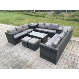 Rattan Gartenmöbel Lounge Sofa Set im Freien mit länglichem rechteckigem Couchtisch 2 Hocker und 2 Beistelltisch - Fimous