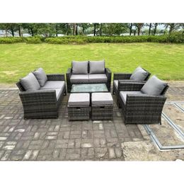 8-Sitzer Dunkelgrau Gemischt Hoher Rücken Rattan Sofa Set mit Couchtisch Gartenmöbel Sitzgruppe 2 Hocker - Fimous