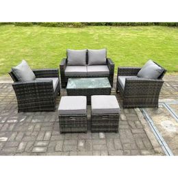 6-Sitzer Dunkelgrau Gemischt Hoher Rücken Polyrattan Sofa Set Rechteckig Couchtisch Gartenmöbel Outdoor 2 Hocker - Fimous