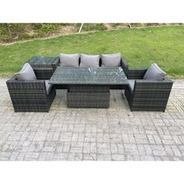 Outdoor Rattan Gartenmöbel Sofa Set Patio Einstellbarer aufsteigender Esstisch Set mit Beistelltisch 2 Sessel Dunkelgrau gemischt - Fimous