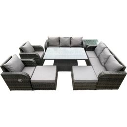 Fimous - Rattan Outdoor Gartenmöbel Sets Höhenverstellbarer aufsteigender Esstisch Liegender Stuhl Sofa Set mit Beistelltischen 2 Große Fußhocker