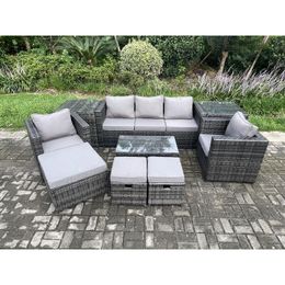 8-Sitzer Rattan Gartenmöbel Set Outdoor Patio Sofa Set mit 2 Sesseln 2 Beistelltische Oblong Tisch 3 Fußhocker Dunkelgrau Gemischt - Fimous