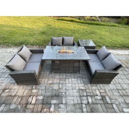 Gartenmöbel-Set im Freien 6-Sitzer Poly Rattan Sitzgruppe mit Gas Feuerstelle Tisch Doppelsitz-Sofa Beistelltische Dunkelgrau Gemischt - Fimous