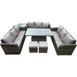 Fimous - Patio Garten Dining Set Rattan Möbel Lounge Sofa Höhenverstellbarer steigender Hubtisch mit Beistelltisch 2 Kleine Fußhocker Dunkelgrau