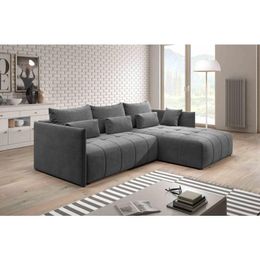 Sofa yaho Couch ausziehbar mit Bettkasten und Kissen Schlafsofa EN24 Dunkelgrau - Furnix