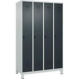 Kleiderspind C+P Evolo Plus, 4 Abteile, 300 mm Abteilbreite, mit Füßen, Anschlag rechts, Drehriegel, B 1200 x T 500 x H 1950 mm, lichtgrau/anthrazitgrau