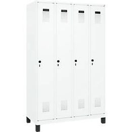 Kleiderspind C+P Evolo Plus, 4 Abteile, 300 mm Abteilbreite, mit Füßen, Anschlag rechts, Drehriegel, B 1200 x T 500 x H 1950 mm, verkehrsweiß/verkehrsweiß