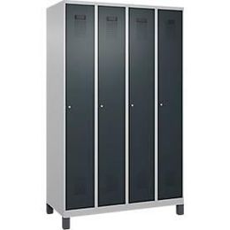 Kleiderspind C+P Evolo Plus, 4 Abteile, 300 mm Abteilbreite, mit Füßen, Anschlag rechts, Zylinder, B 1200 x T 500 x H 1950 mm, weißaluminium/anthrazitgrau