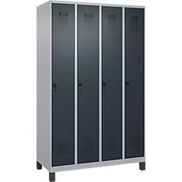 Kleiderspind C+P Evolo Plus, 4 Abteile, 300 mm Abteilbreite, mit Füßen, Anschlag rechts, Drehriegel, B 1200 x T 500 x H 1950 mm, weißaluminium/anthrazitgrau