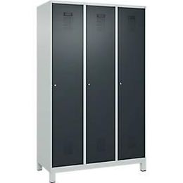 Kleiderspind C+P Evolo Plus, 3 Abteile, 400 mm Abteilbreite, mit Füßen, Anschlag rechts, B 1200 x T 500 x H 1950 mm, Zylinder, lichtgrau/anthrazitgrau