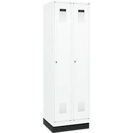 Kleiderspind C+P Evolo Plus, 2 Abteile, 300 mm Abteilbreite, mit Sockel, Anschlag rechts, Zylinder, B 600 x T 500 x H 1950 mm, verkehrsweiß/verkehrsweiß