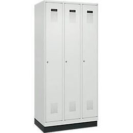 Kleiderspind C+P Evolo Plus, 3 Abteile, 300 mm Abteilbreite, mit Sockel, Anschlag rechts, B 900 x T 500 x H 1950 mm, Zylinder, lichtgrau/lichtgrau