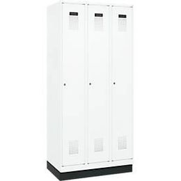 Kleiderspind C+P Evolo Plus, 3 Abteile, 300 mm Abteilbreite, mit Sockel, Anschlag rechts, B 900 x T 500 x H 1950 mm, Zylinder, verkehrsweiß/verkehrsweiß