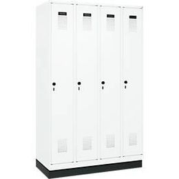 Kleiderspind C+P Evolo Plus, 4 Abteile, 300 mm Abteilbreite, mit Sockel, Anschlag rechts, B 1200 x T 500 x H 1950 mm, Drehriegel, verkehrsweiß/verkehrsweiß