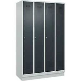 Kleiderspind C+P Evolo Plus, 4 Abteile, 300 mm Abteilbreite, mit Sockel, Anschlag rechts, B 1200 x T 500 x H 1950 mm, Zylinder, lichtgrau/anthrazitgrau