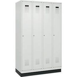 Kleiderspind C+P Evolo Plus, 4 Abteile, 300 mm Abteilbreite, mit Sockel, Anschlag rechts, B 1200 x T 500 x H 1950 mm, Zylinder, lichtgrau/lichtgrau