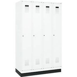 Kleiderspind C+P Evolo Plus, 4 Abteile, 300 mm Abteilbreite, mit Sockel, Anschlag rechts, B 1200 x T 500 x H 1950 mm, Zylinder, verkehrsweiß/verkehrsweiß