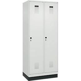 Kleiderspind C+P Evolo Plus, 2 Abteile, 400 mm Abteilbreite, mit Sockel, Anschlag rechts, B 800 x T 500 x H 1950 mm, Drehriegel, lichtgrau/lichtgrau