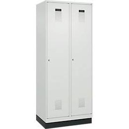 Kleiderspind C+P Evolo Plus, 2 Abteile, 400 mm Abteilbreite, mit Sockel, Anschlag rechts, B 800 x T 500 x H 1950 mm, Zylinder, lichtgrau/lichtgrau