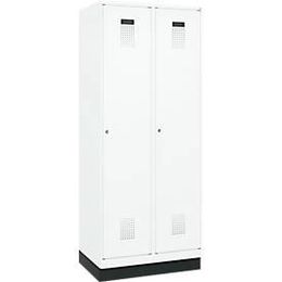 Kleiderspind C+P Evolo Plus, 2 Abteile, 400 mm Abteilbreite, mit Sockel, Anschlag rechts, B 800 x T 500 x H 1950 mm, Zylinder, verkehrsweiß/verkehrsweiß