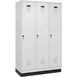 Kleiderspind C+P Evolo Plus, 3 Abteile, 400 mm Abteilbreite, mit Sockel, Anschlag rechts, B 1200 x T 500 x H 1950 mm, Drehriegel, lichtgrau/lichtgrau